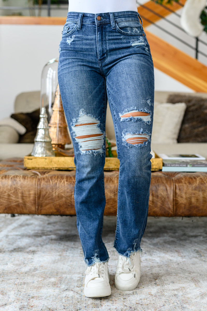Christine High Contrast Slim Bootcut Destroyed Jeans – Rustic Hummingbird